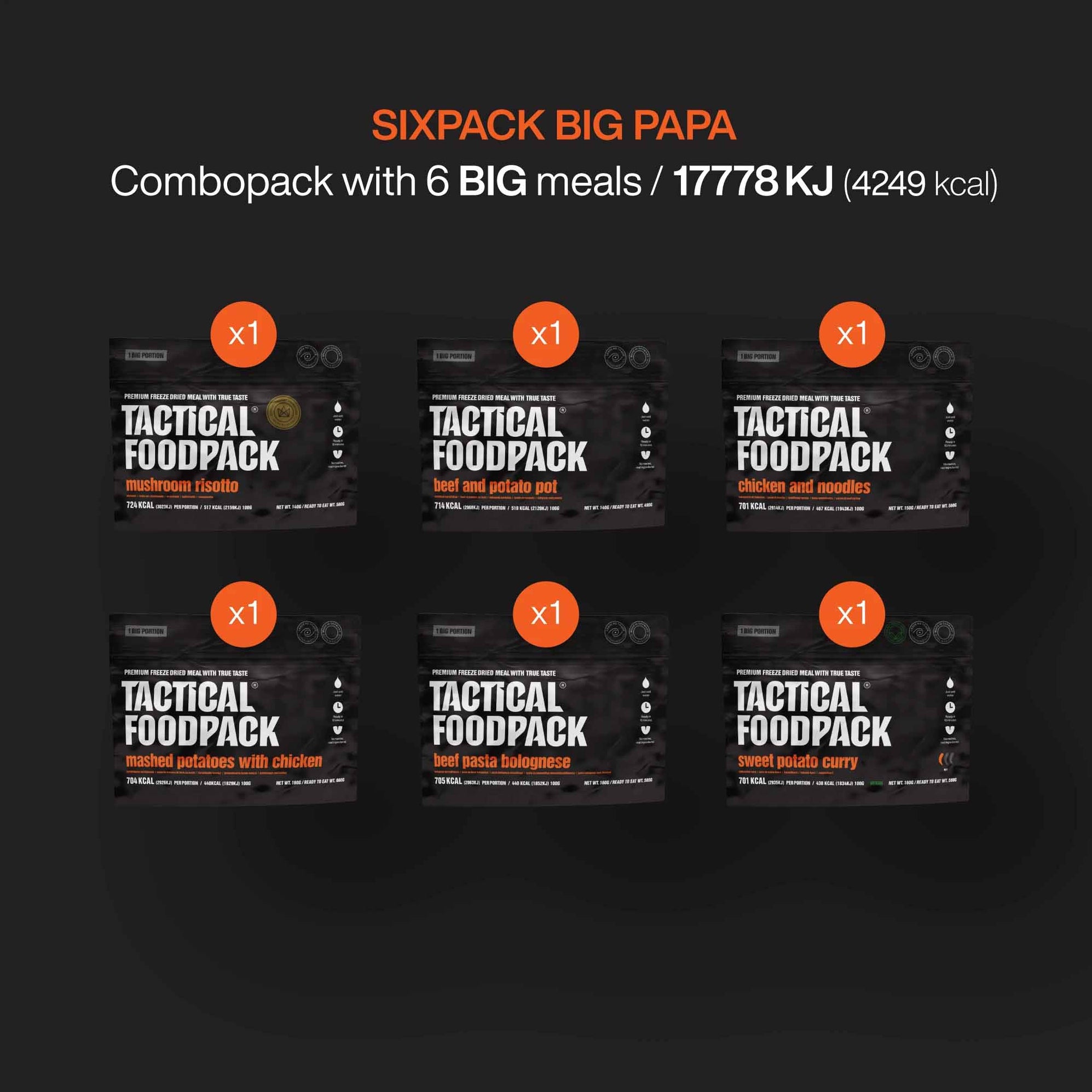 Pack de sobrevivência 6 rações XL Sixpack Big Papa - Tactical Foodpack ...